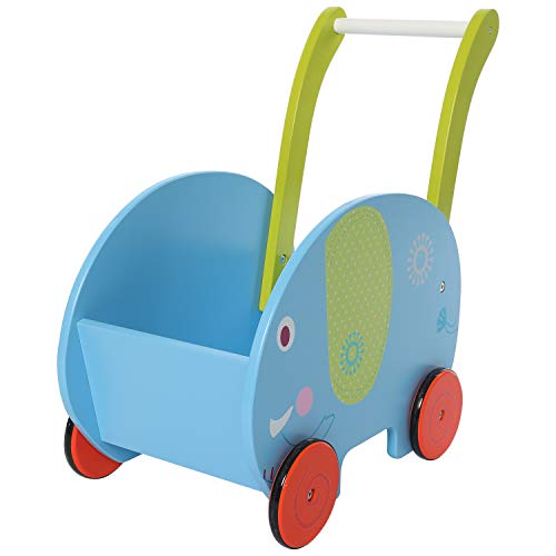 labebe - Baby Learning Walker Toy 4 Wheels Blue, Kid Push/Pull Wagon Cart, Push Toy Stroller Elephant for Toddler 1-3 Years OldGirl&Boy, Shopping Cart Toy, Wooden Wagon for Infant