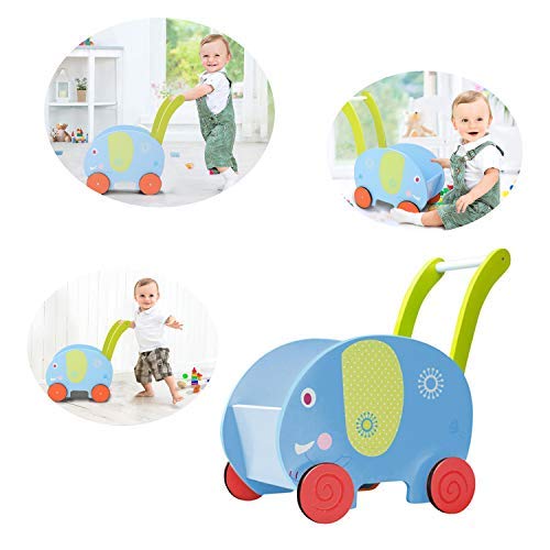 labebe - Baby Learning Walker Toy 4 Wheels Blue, Kid Push/Pull Wagon Cart, Push Toy Stroller Elephant for Toddler 1-3 Years OldGirl&Boy, Shopping Cart Toy, Wooden Wagon for Infant