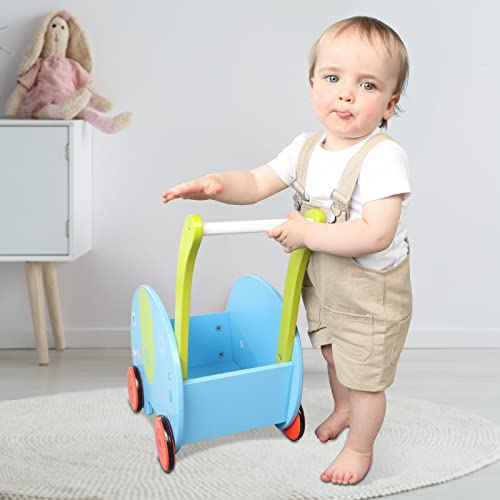 labebe - Baby Learning Walker Toy 4 Wheels Blue, Kid Push/Pull Wagon Cart, Push Toy Stroller Elephant for Toddler 1-3 Years OldGirl&Boy, Shopping Cart Toy, Wooden Wagon for Infant