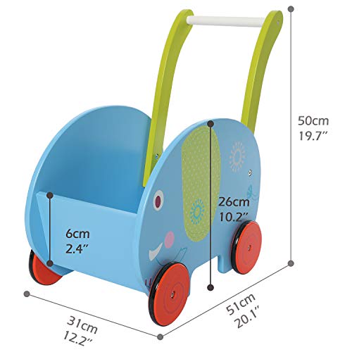 labebe - Baby Learning Walker Toy 4 Wheels Blue, Kid Push/Pull Wagon Cart, Push Toy Stroller Elephant for Toddler 1-3 Years OldGirl&Boy, Shopping Cart Toy, Wooden Wagon for Infant