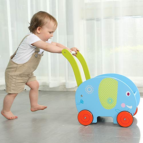 labebe - Baby Learning Walker Toy 4 Wheels Blue, Kid Push/Pull Wagon Cart, Push Toy Stroller Elephant for Toddler 1-3 Years OldGirl&Boy, Shopping Cart Toy, Wooden Wagon for Infant