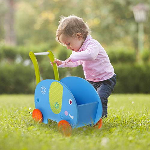 labebe - Baby Learning Walker Toy 4 Wheels Blue, Kid Push/Pull Wagon Cart, Push Toy Stroller Elephant for Toddler 1-3 Years OldGirl&Boy, Shopping Cart Toy, Wooden Wagon for Infant