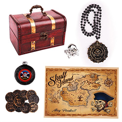 WaaHome Pirate Treasure Chest Wood Treasure Boxes Keepsake Box For Kids Girls (7''X4.3''X4.3'')