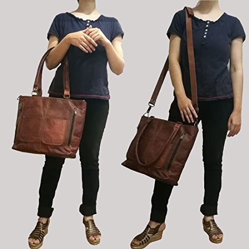 Madosh Womens Tote Handbag Genuine Leather Shoulder Purse Satchel Crossbody Ladies Brown Bag