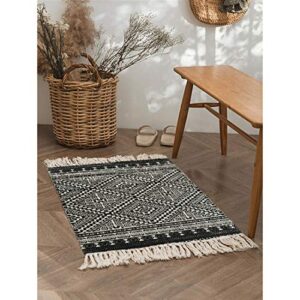 seavish cotton printed rug 2’w x 3’l decorative black and cream diamond symmetry kilim small area rug hand woven rug for entryway thin throw rugs for laundry room living room dorm