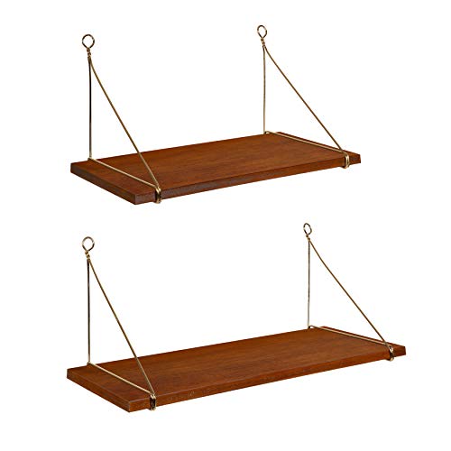 Kate and Laurel Vista Wood and Metal Wall Shelves, 2 Piece Set, Walnut Brown and Gold