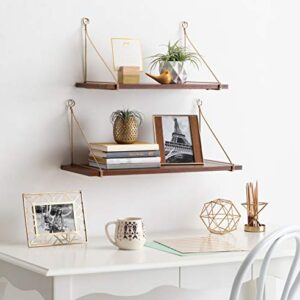 Kate and Laurel Vista Wood and Metal Wall Shelves, 2 Piece Set, Walnut Brown and Gold