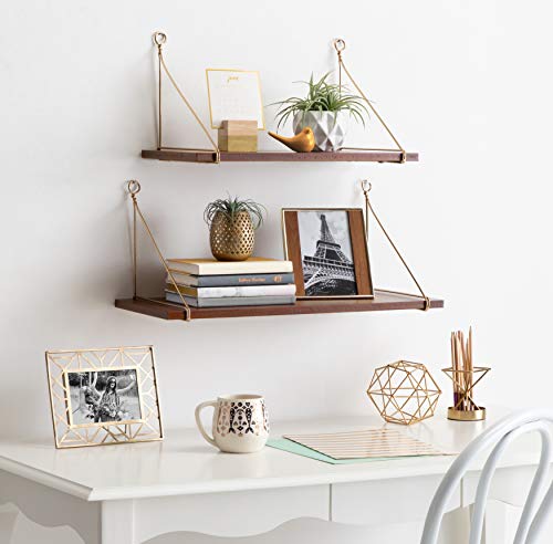 Kate and Laurel Vista Wood and Metal Wall Shelves, 2 Piece Set, Walnut Brown and Gold