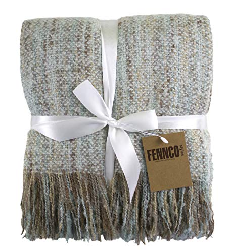 Fennco Styles Light Aqua Faux Mohair Shabby Chic Throw Blanket with Tassel, 50" W x 60" L