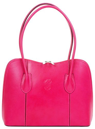 PRIMO SACCHI Italian Smooth Leather Pink Classic Long Handled Handbag Tote Grab Shoulder Bag