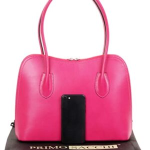 PRIMO SACCHI Italian Smooth Leather Pink Classic Long Handled Handbag Tote Grab Shoulder Bag