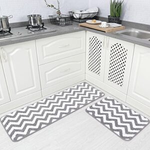 carvapet 2 pieces microfiber chevron non-slip soft kitchen mat bath rug doormat runner carpet set, 17″x48″+17″x24″, grey