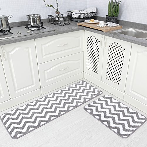 Carvapet 2 Pieces Microfiber Chevron Non-Slip Soft Kitchen Mat Bath Rug Doormat Runner Carpet Set, 17"x48"+17"x24", Grey