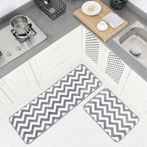 Carvapet 2 Pieces Microfiber Chevron Non-Slip Soft Kitchen Mat Bath Rug Doormat Runner Carpet Set, 17"x48"+17"x24", Grey