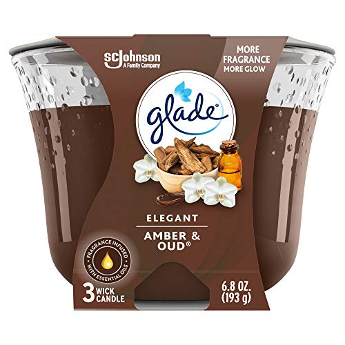 Glade Candle Elegant Amber & Oud, Fragrance Candle Infused With Essential Oils, Air Freshener Candle, 3-Wick Candle, 6.8 Oz