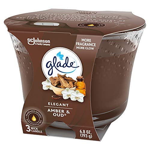 Glade Candle Elegant Amber & Oud, Fragrance Candle Infused With Essential Oils, Air Freshener Candle, 3-Wick Candle, 6.8 Oz