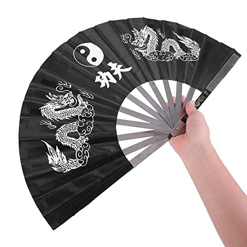 Folding Hand Fan, Stainless Steel Tai Chi Kung Fu Fan/Karate Fans/Chinese Kung Fu Fighting Fans/Wushu Fan for Performance Dance (Black)