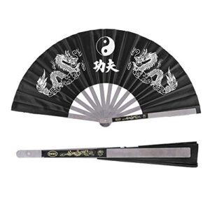 Folding Hand Fan, Stainless Steel Tai Chi Kung Fu Fan/Karate Fans/Chinese Kung Fu Fighting Fans/Wushu Fan for Performance Dance (Black)