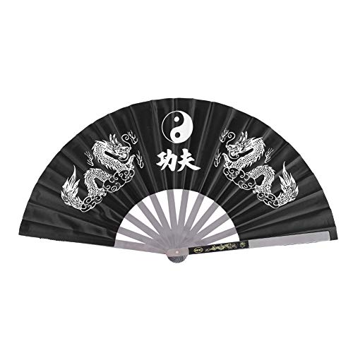 Folding Hand Fan, Stainless Steel Tai Chi Kung Fu Fan/Karate Fans/Chinese Kung Fu Fighting Fans/Wushu Fan for Performance Dance (Black)