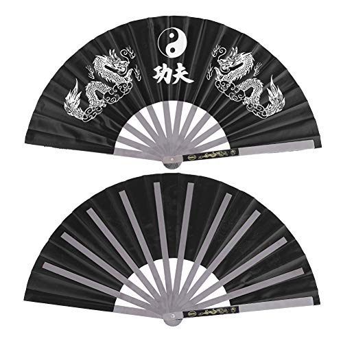 Folding Hand Fan, Stainless Steel Tai Chi Kung Fu Fan/Karate Fans/Chinese Kung Fu Fighting Fans/Wushu Fan for Performance Dance (Black)