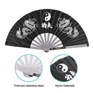 Folding Hand Fan, Stainless Steel Tai Chi Kung Fu Fan/Karate Fans/Chinese Kung Fu Fighting Fans/Wushu Fan for Performance Dance (Black)