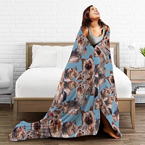 60"X 50" Blanket Yorkies On Blue Skinny Soft Flannel Micro Fleece Throw Blanket Super Soft Cozy LuX ury Bed Blanket For Bed Sofa Couch Living Room Beach Picnic Fall Spring Winter Use Throw Blanket