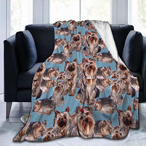 60"X 50" Blanket Yorkies On Blue Skinny Soft Flannel Micro Fleece Throw Blanket Super Soft Cozy LuX ury Bed Blanket For Bed Sofa Couch Living Room Beach Picnic Fall Spring Winter Use Throw Blanket