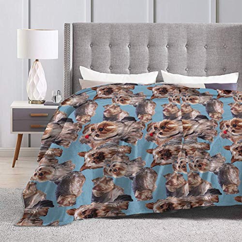 60"X 50" Blanket Yorkies On Blue Skinny Soft Flannel Micro Fleece Throw Blanket Super Soft Cozy LuX ury Bed Blanket For Bed Sofa Couch Living Room Beach Picnic Fall Spring Winter Use Throw Blanket