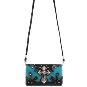 Justin West Cross Studs Concealed Carry Shoulder Handbag Tote Purse Crossbody Wallet (Blue Handbag and Wallet)