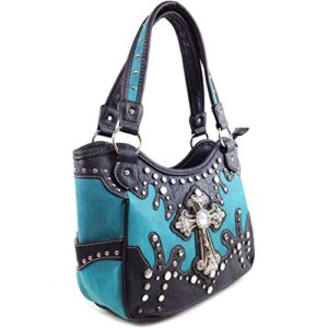 Justin West Cross Studs Concealed Carry Shoulder Handbag Tote Purse Crossbody Wallet (Blue Handbag and Wallet)