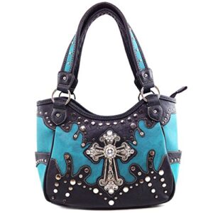 Justin West Cross Studs Concealed Carry Shoulder Handbag Tote Purse Crossbody Wallet (Blue Handbag and Wallet)