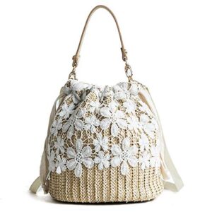 puedo exquisite beach clutch purse bag bucket bag lace handmade straw woven sling handbag shoulder crossbody bag for women, beige, one size