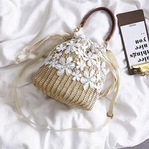 Puedo Exquisite Beach Clutch Purse Bag Bucket Bag Lace Handmade Straw Woven Sling Handbag Shoulder Crossbody Bag for Women, Beige, One Size