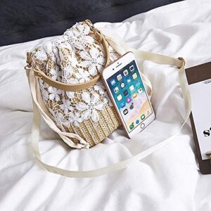 Puedo Exquisite Beach Clutch Purse Bag Bucket Bag Lace Handmade Straw Woven Sling Handbag Shoulder Crossbody Bag for Women, Beige, One Size