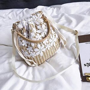 Puedo Exquisite Beach Clutch Purse Bag Bucket Bag Lace Handmade Straw Woven Sling Handbag Shoulder Crossbody Bag for Women, Beige, One Size