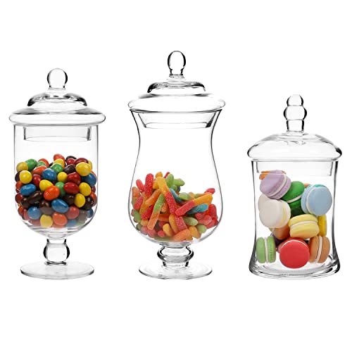 MyGift Clear Glass Apothecary Jars with Lid, Decorative Footed Vase, Candy Buffet Containers, Set of 3