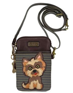 chala group yorkshire terrier cellphone crossbody handbag – convertible strap yorkie mom, brown stripes, 5″ x 7.5″ x 1″