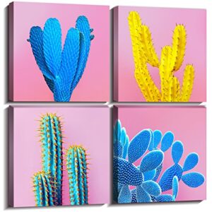 cactus wall art succulent wall decor pink bathroom mexican decor pop art boho colorful home decor desert plant canvas pictures modern artwork for bedroom living room kitchen decorations 12×12” 4 pcs