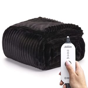 sunbeam royal posh ribbed ebony heated personal throw / blanket, cozy-warm, adjustable heat settings