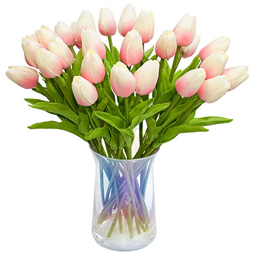 JOEJISN 30pcs Artificial Tulips Flowers Real Touch Pink Tulips Fake Holland PU Tulip Bouquet Latex Flowers for Wedding Party Office Home Kitchen Decoration (Light Pink)