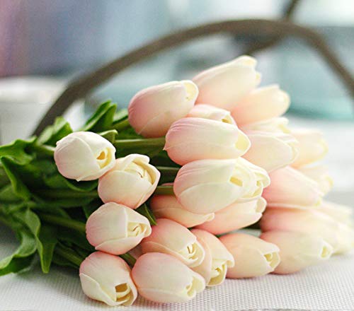 JOEJISN 30pcs Artificial Tulips Flowers Real Touch Pink Tulips Fake Holland PU Tulip Bouquet Latex Flowers for Wedding Party Office Home Kitchen Decoration (Light Pink)