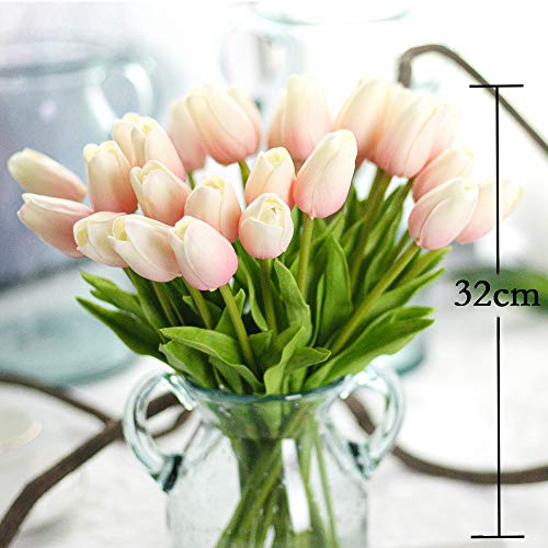 JOEJISN 30pcs Artificial Tulips Flowers Real Touch Pink Tulips Fake Holland PU Tulip Bouquet Latex Flowers for Wedding Party Office Home Kitchen Decoration (Light Pink)