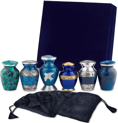 Fedmax Small Urns for Human Ashes Adult Male or Female - Mini Urns - Cremation Keepsakes with Velvet Box - Memorial Urn and Ash Storage (Blue, 6 Count (Pack of 1))