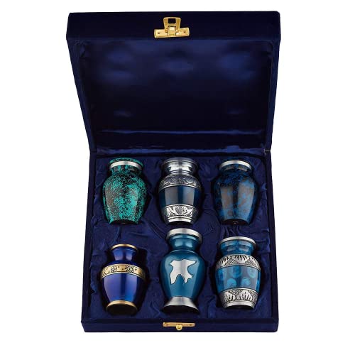 Fedmax Small Urns for Human Ashes Adult Male or Female - Mini Urns - Cremation Keepsakes with Velvet Box - Memorial Urn and Ash Storage (Blue, 6 Count (Pack of 1))