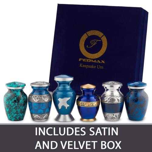 Fedmax Small Urns for Human Ashes Adult Male or Female - Mini Urns - Cremation Keepsakes with Velvet Box - Memorial Urn and Ash Storage (Blue, 6 Count (Pack of 1))