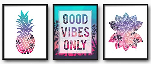 Brooke & Vine - Good Vibes Beach Teen Girl Room Wall Decor Art Prints - (UNFRAMED 8x10) VSCO Inspirational Wall Art, Motivational Quotes Posters for Kids, Tween Women Office Bedroom, Dorm, Desk (Pineapple Mandala Good Vibes Only)