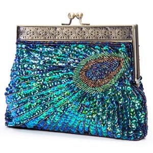 uborse beaded sequin peacock blue evening clutch bags party wedding purse