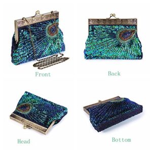 UBORSE Beaded Sequin Peacock Blue Evening Clutch Bags Party Wedding Purse