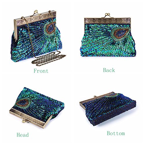 UBORSE Beaded Sequin Peacock Blue Evening Clutch Bags Party Wedding Purse