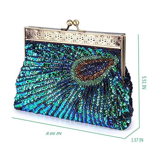 UBORSE Beaded Sequin Peacock Blue Evening Clutch Bags Party Wedding Purse